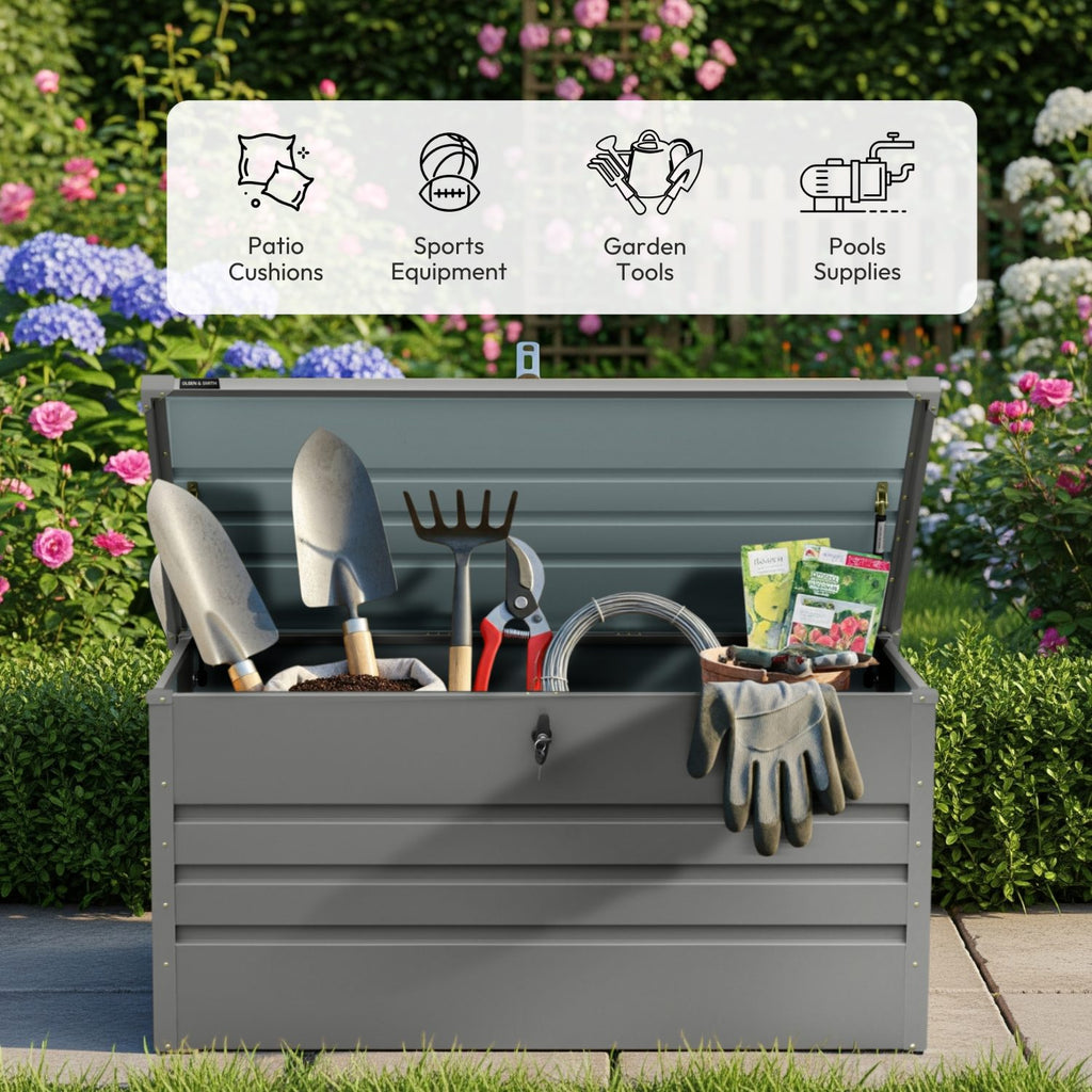 Olsen & Smith 400L Large Metal Garden Storage Box – Heavy-Duty Outdoor ...