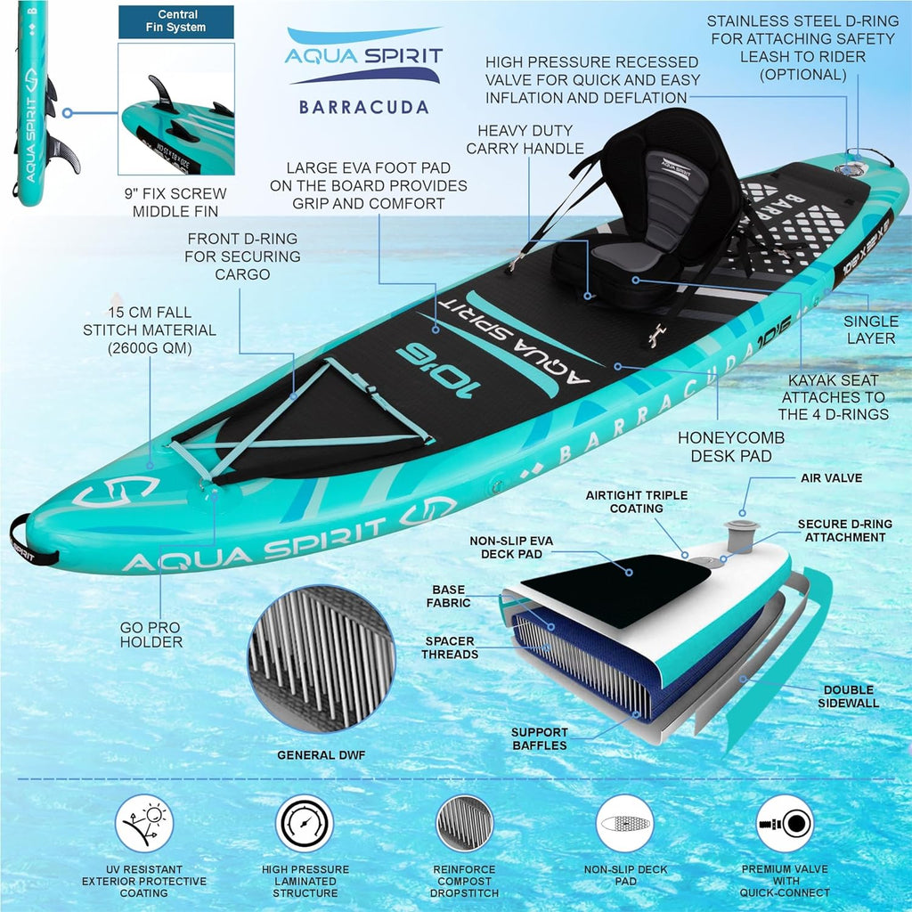 Aqua Spirit Barracuda iSUP Inflatable Stand Up Paddle Board, 10'6x32”x ...