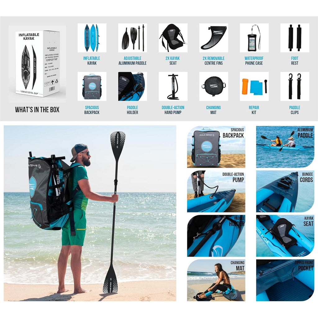 Aqua Spirit Inflatable Kayak, 10'5”/13’5”/1 or 2 Person Complete Kayak ...