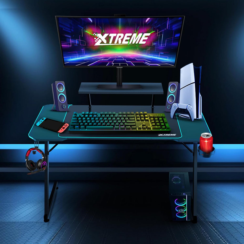 XTREME RGB Gaming Desk with Carbon Fibre Effect, Monitor Stand, CPU Ho ...