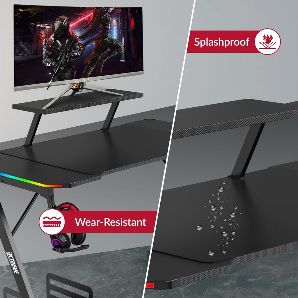 XTREME RGB Gaming Desk with Carbon Fibre Effect, Monitor Stand, CPU Ho ...